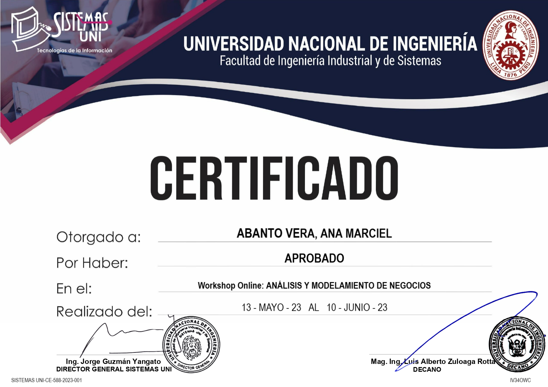 Certificado de: ABANTO VERA, ANA MARCIEL