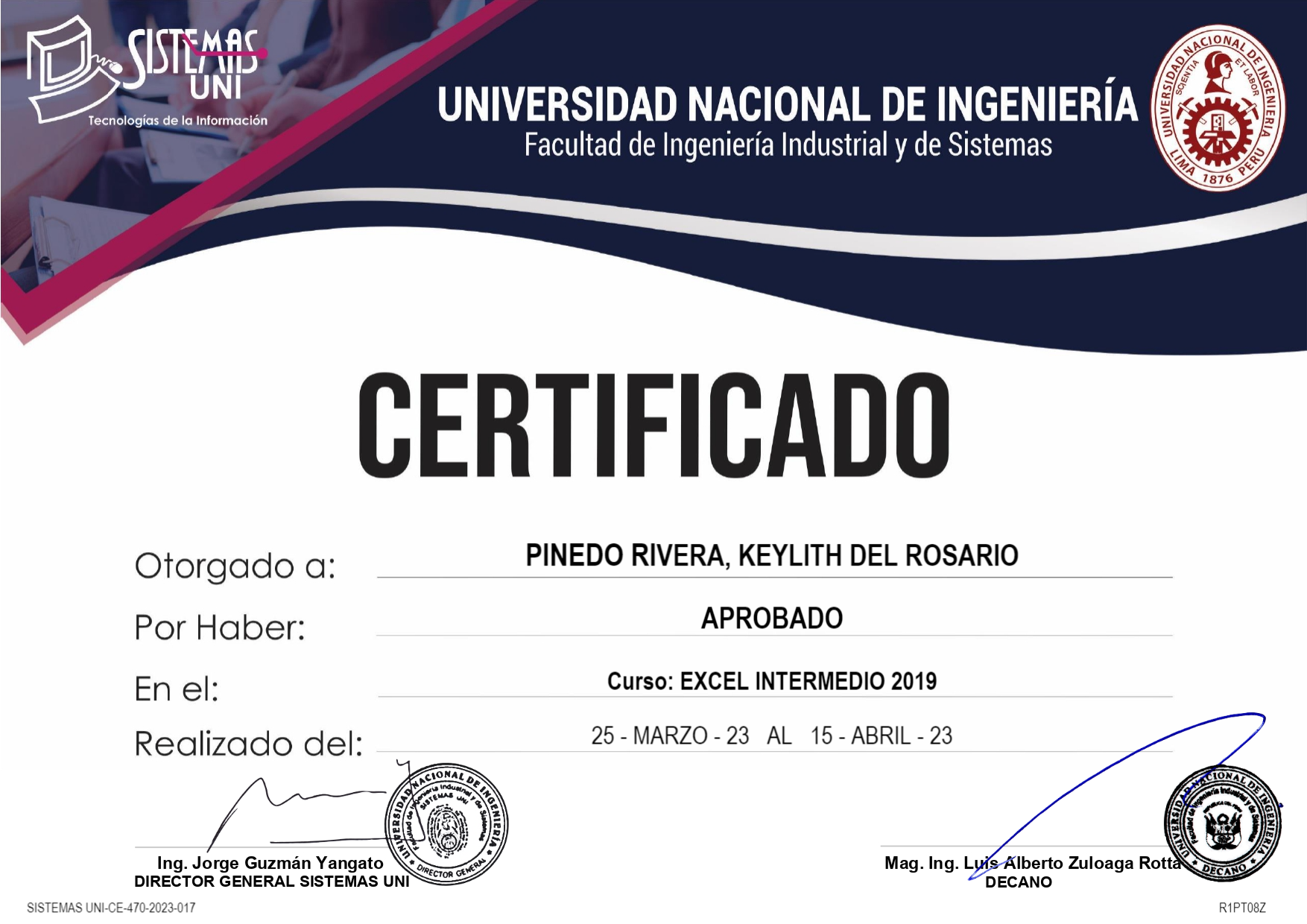 Certificado de: PINEDO RIVERA, KEYLITH DEL ROSARIO